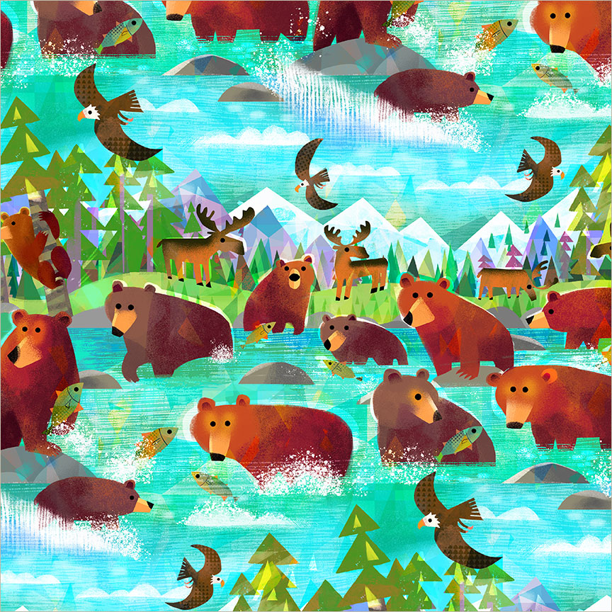 Animal Kingdom Gareth Lucas 55455D-1 Turquoise Bathing Bears Cotton ...