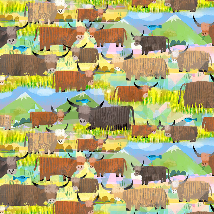 Animal Kingdom Gareth Lucas 55457D-3 Grasslands Highland Cows Cotton ...