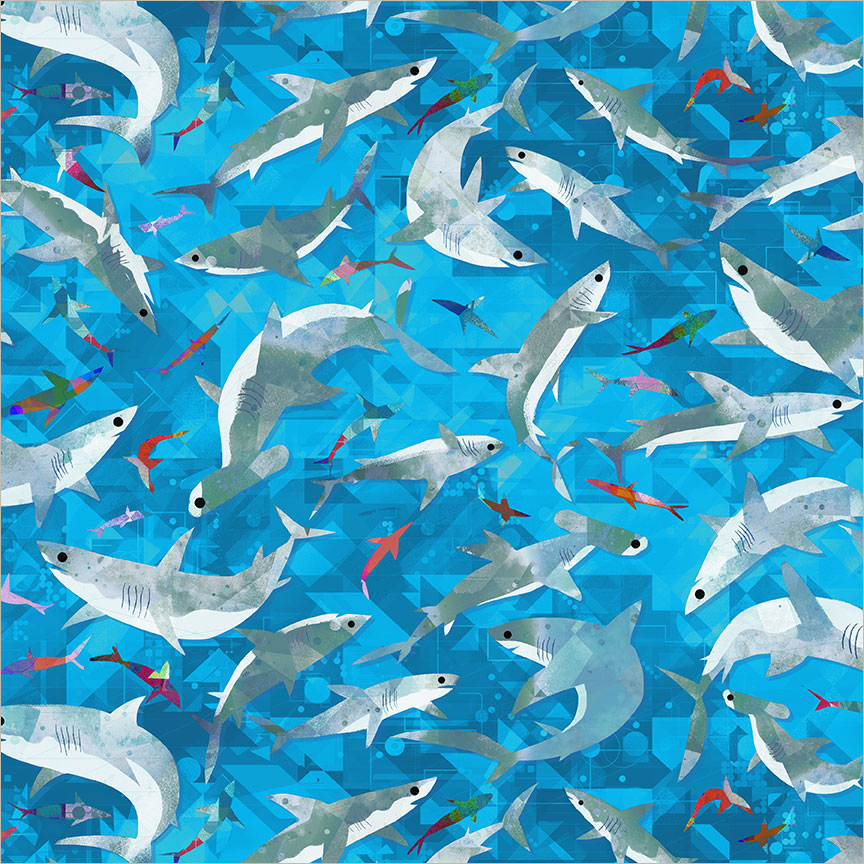 Animal Kingdom Gareth Lucas 55462D-7 Cyan Stealthy Sharks Cotton ...